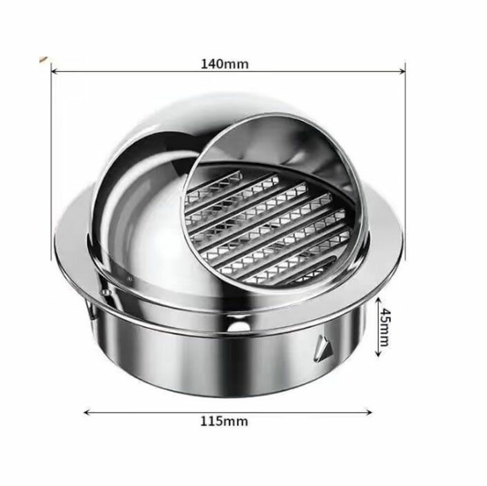 Настенный вентиляционный патрубок с решеткой и сеткой, 115 мм, нержавеющая сталь 304