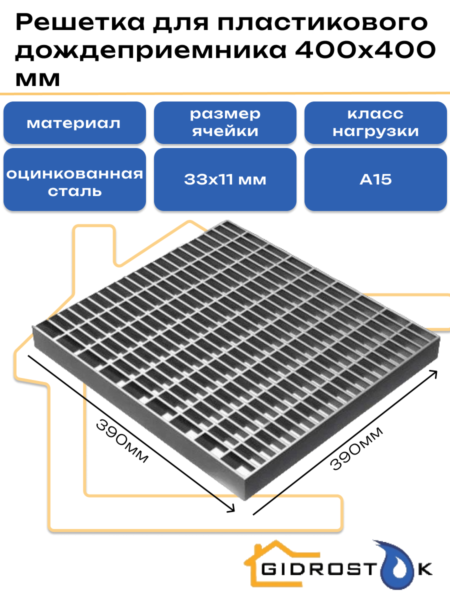 Решетка для дождеприемника 400х400 мм стальная ячеистая оцинкованная класс А15