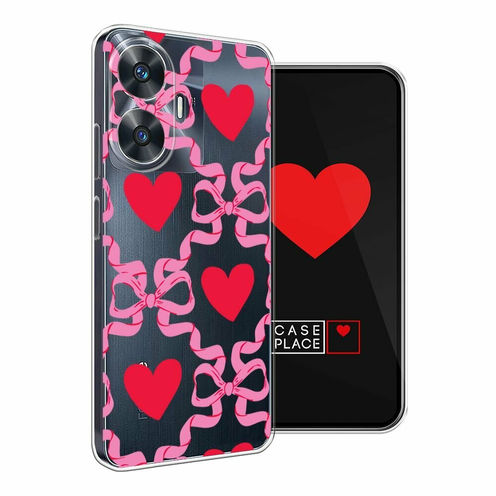 Чехол на Realme C55 / Реалми C55 с принтом "Hearts and ribbons 2 - 14 февраля", прозрачный — фото 1