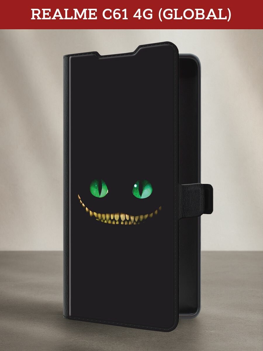 Чехол-книжка на Realme C61 4G (Global) / Реалми С61 4G с рисунком "Зеленоглазый чеширский кот"