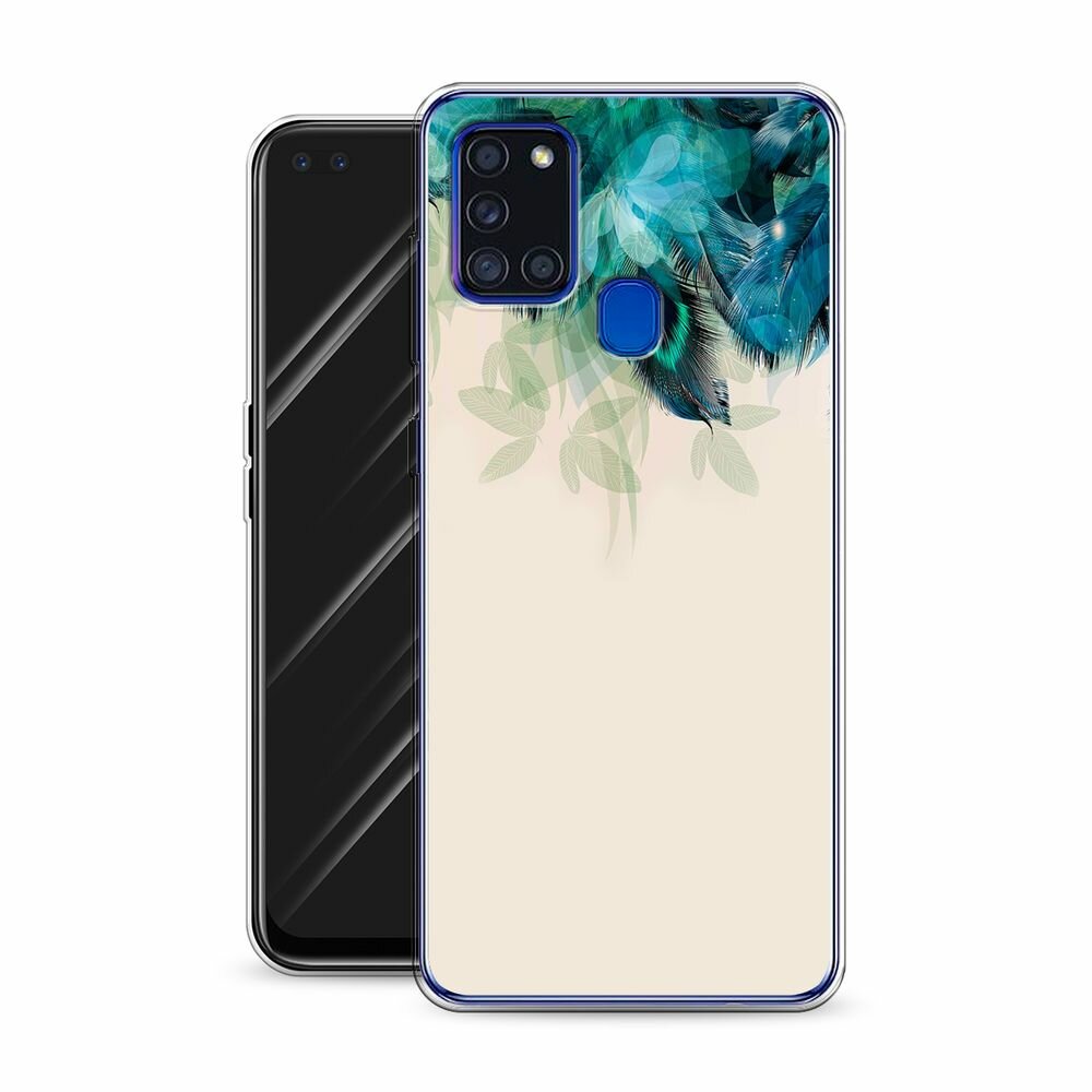 Чехол на Samsung Galaxy A21s / Самсунг Галакси A21s с принтом Перья голубого цвета — фото 1