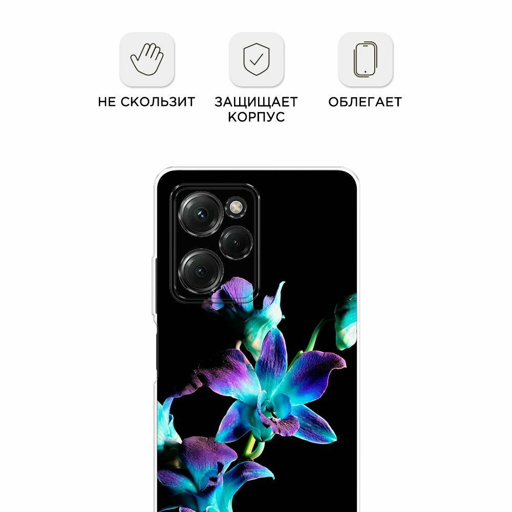 Чехол на Xiaomi Poco X5 Pro 5G / Сяоми Поко X5 Про 5G с принтом "Синий цветок на черном" — фото 1