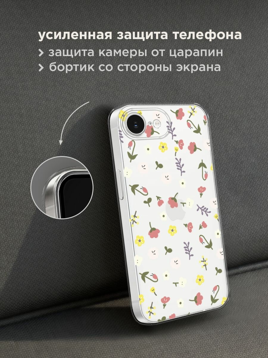Чехол на Apple iPhone 16e/17e / Айфон 16е/17e с принтом "Россыпь цветов рисунок", прозрачный — фото 1