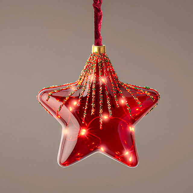 Подвесной светильник RedGlass - Звезда 20 см, 15 микро LED ламп, красный, таймер, на батарейках, стекло, Kaemingk, 486308