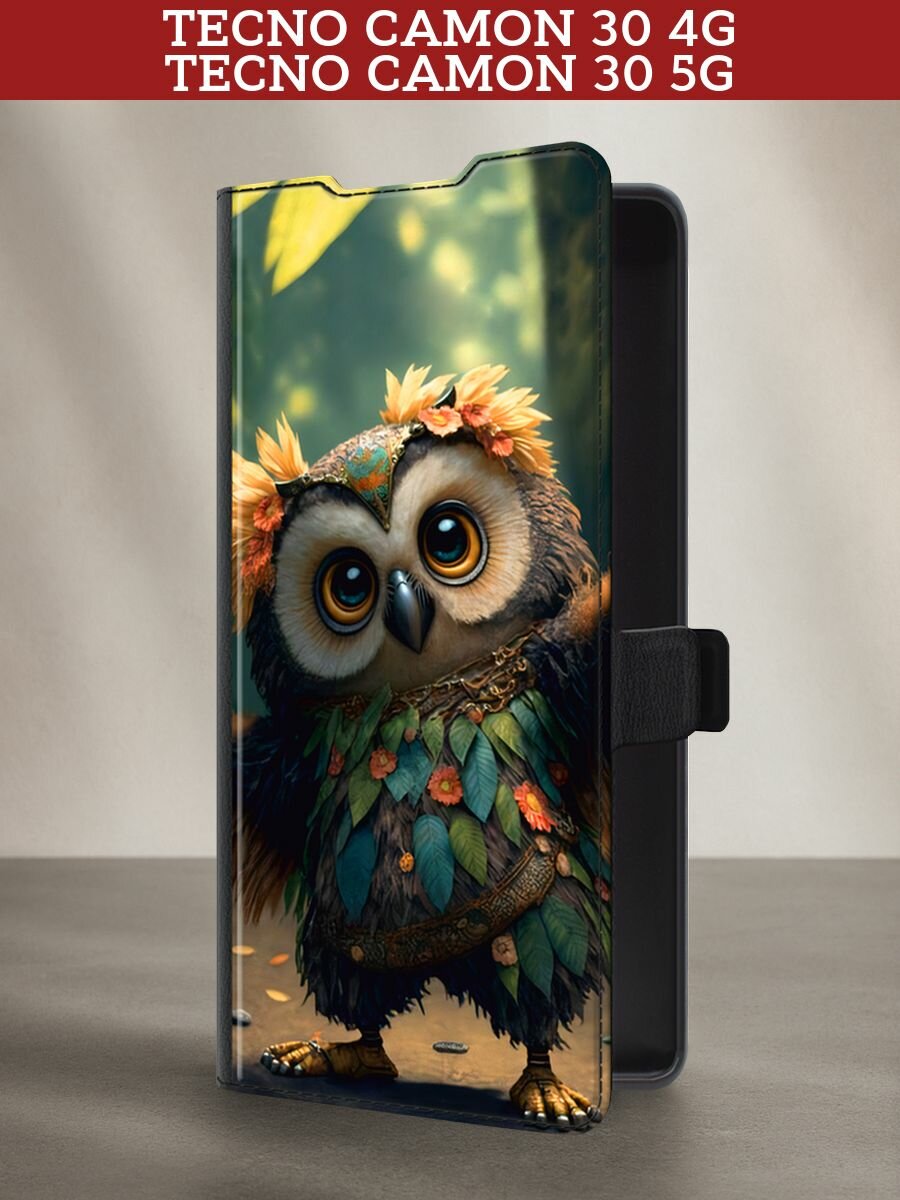 Чехол-книжка на Tecno Camon 30 4G/Tecno Camon 30 5G / Текно Камон 30 4G/Текно Камон 30 5G с рисунком "Тропическая сова"