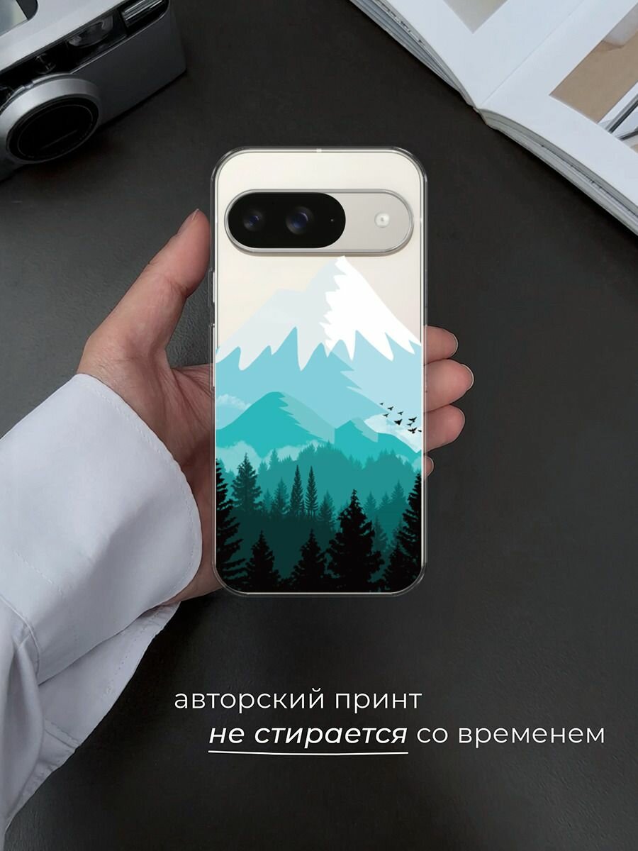 Чехол на Google Pixel 9 / Гугл Пиксель 9 с принтом "Синяя снежная гора", прозрачный — фото 1