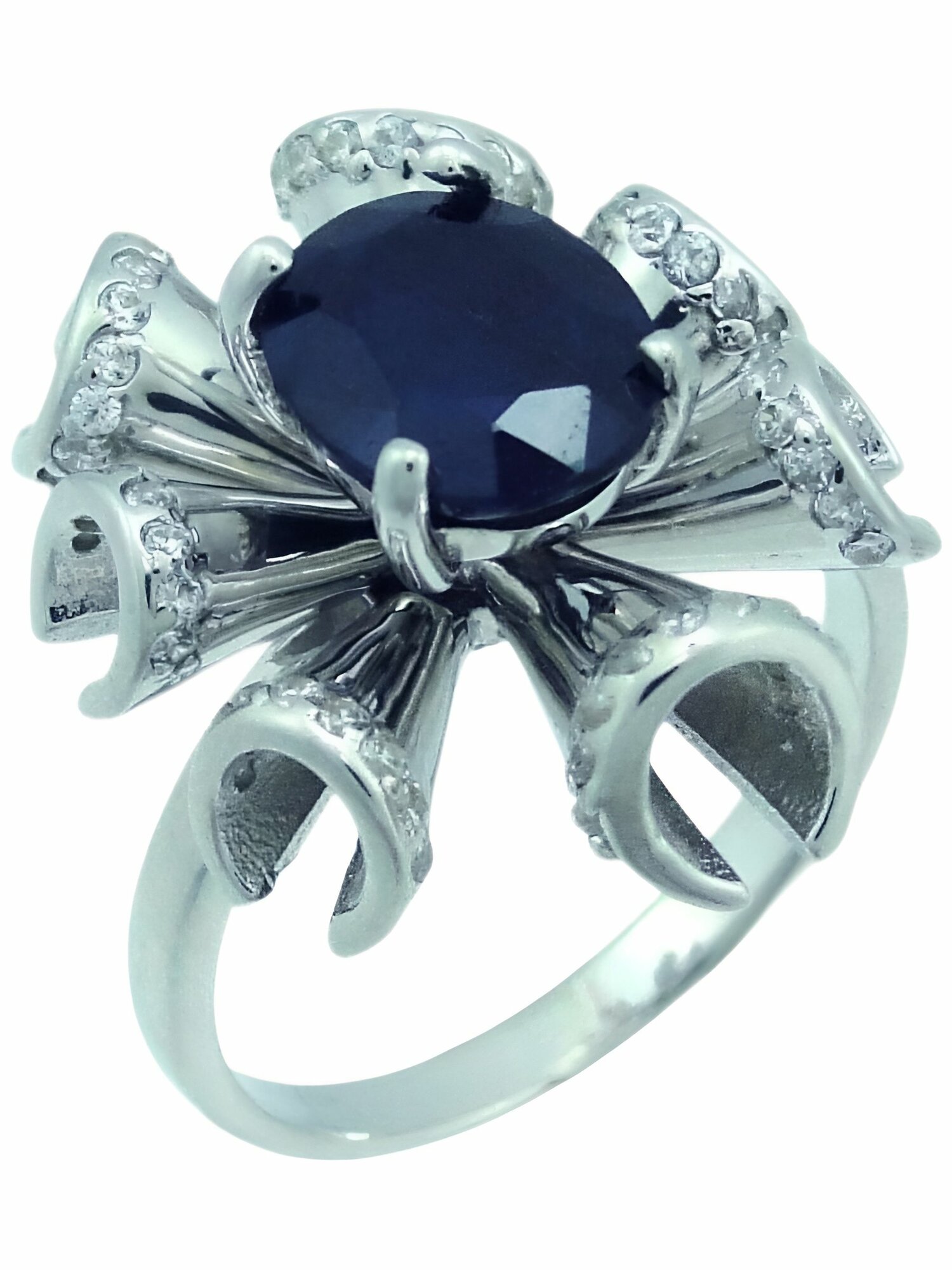 Кольцо тонкое, серебро, 925 проба, родирование, фианит, сапфир