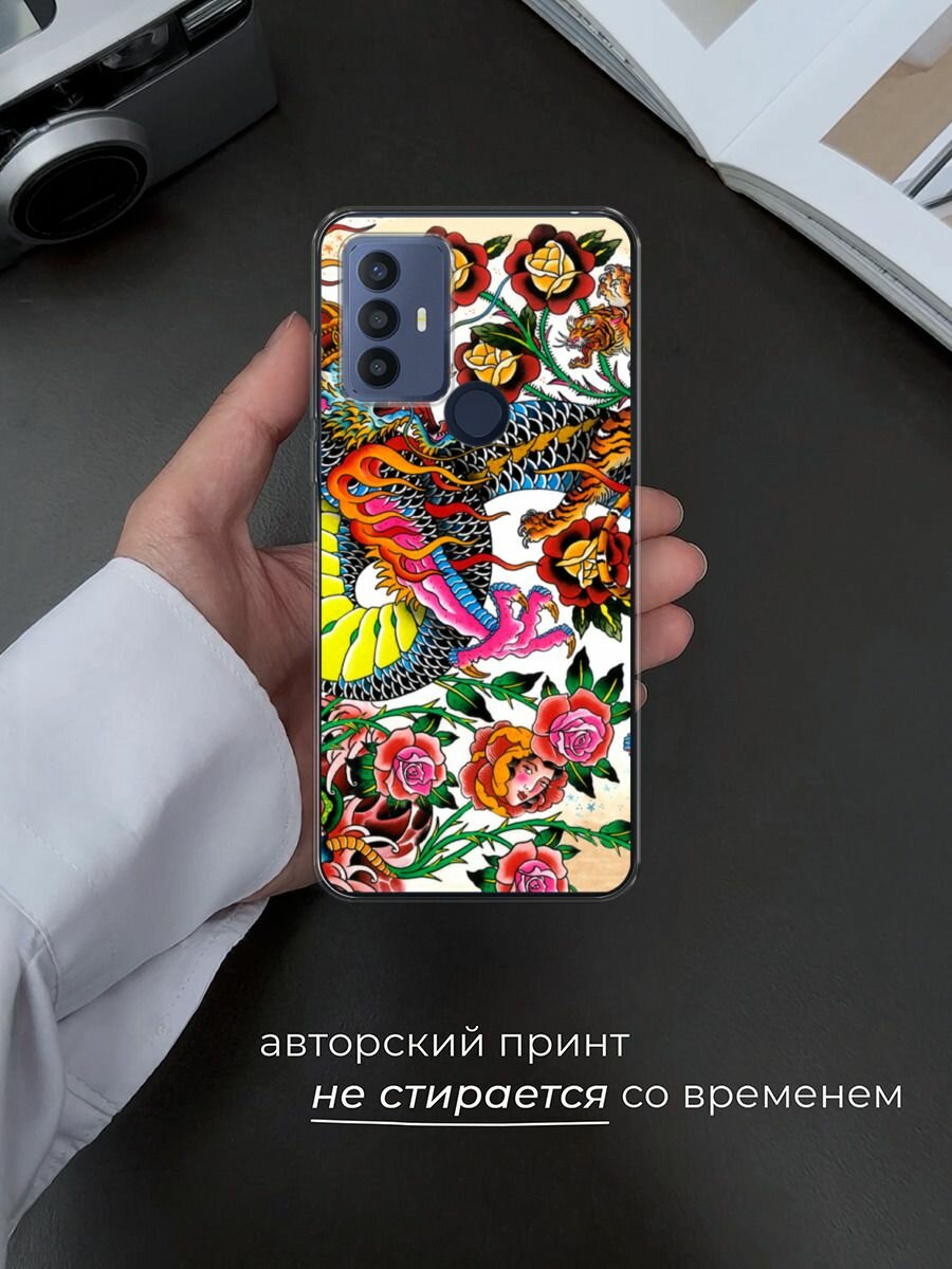 Чехол на TCL 30E/30 SE/305/306 / ТСЛ 30E с принтом "Дракон в цветах" — фото 1