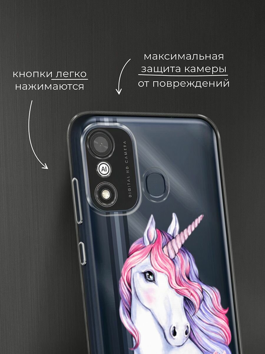 Чехол на Itel A27 / Ител А27 с принтом "Единорог с пионами", прозрачный — фото 1