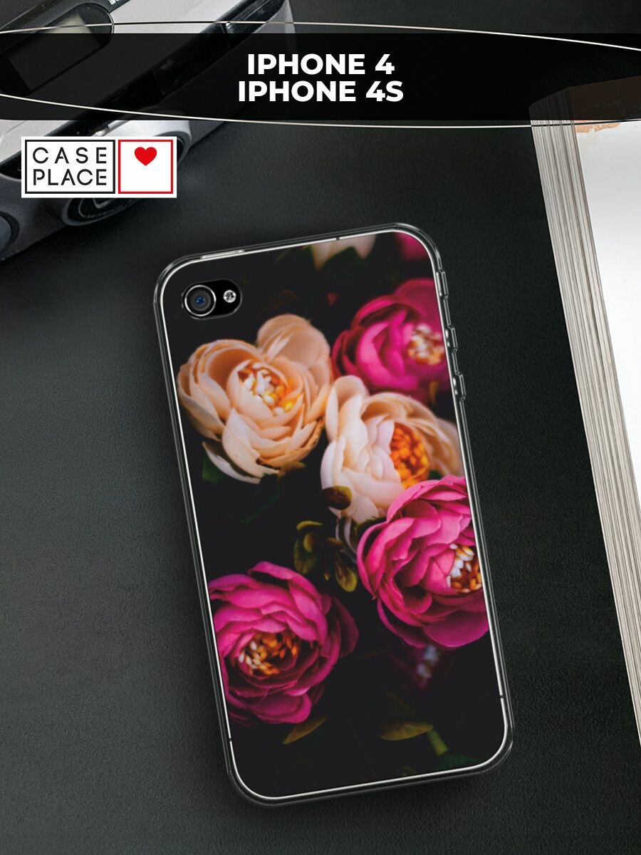 Чехол на Apple iPhone 4/4S / Айфон 4/4S с принтом "Розовые пионы на черном"