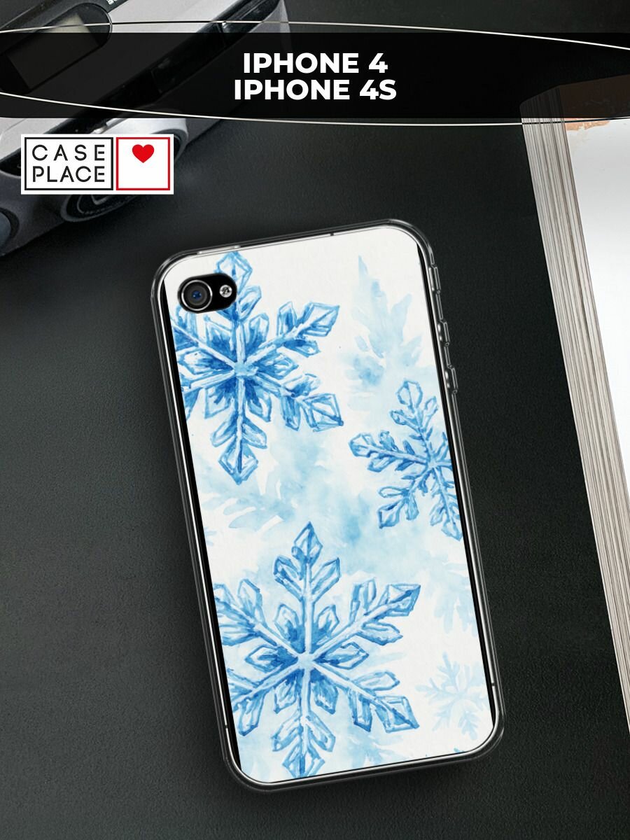Чехол на Apple iPhone 4/4S / Айфон 4/4S с принтом "Акварельные снежинки"