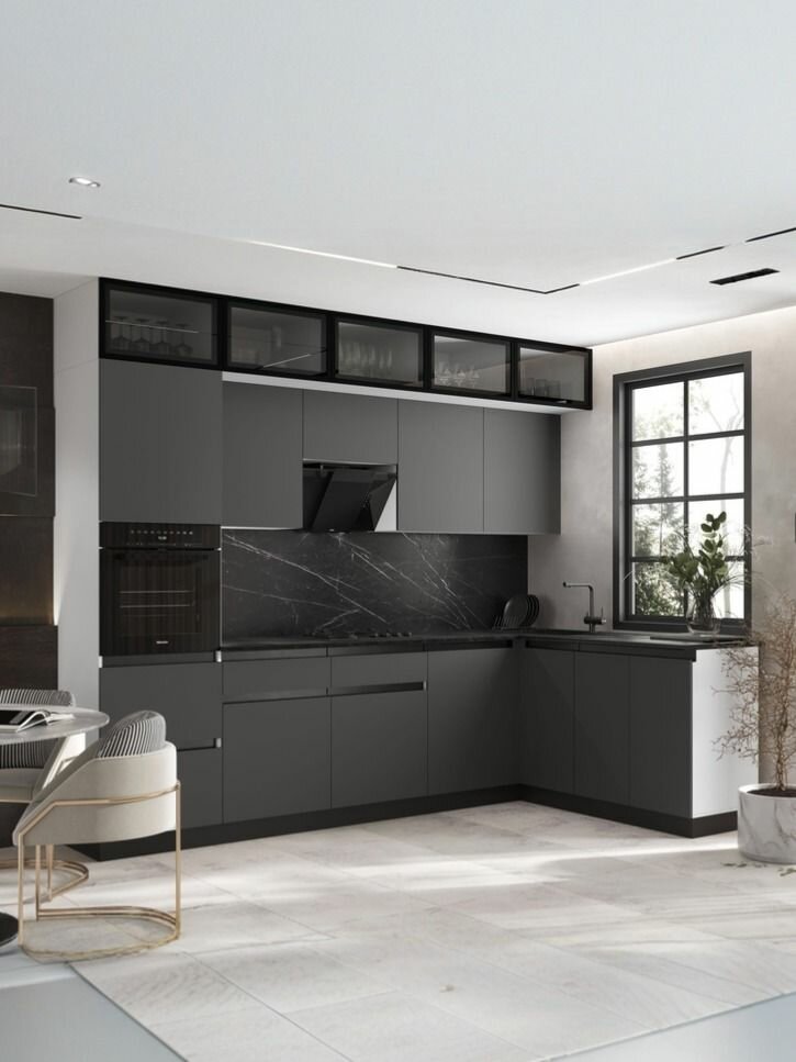 Кухонный гарнитур угловой Техно-6 3х1.8м браш вайт/графит со столешницей миф