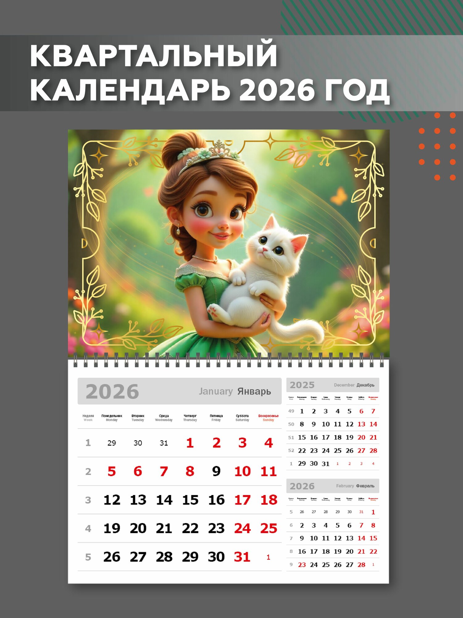 Календарь 3в1 настенный "Принцесса с котом" 2026 год