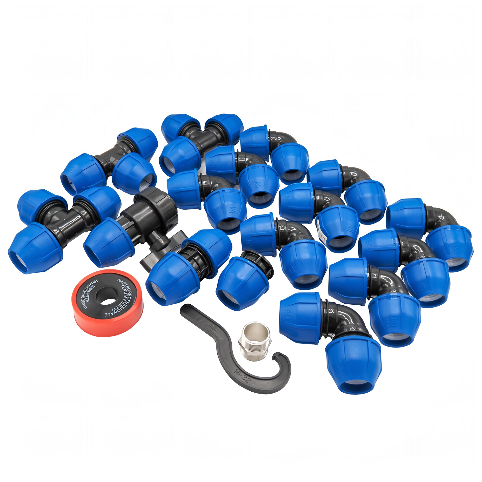 Набор ПНД фитингов 32 мм с краном. В комплекте 19 элементов.