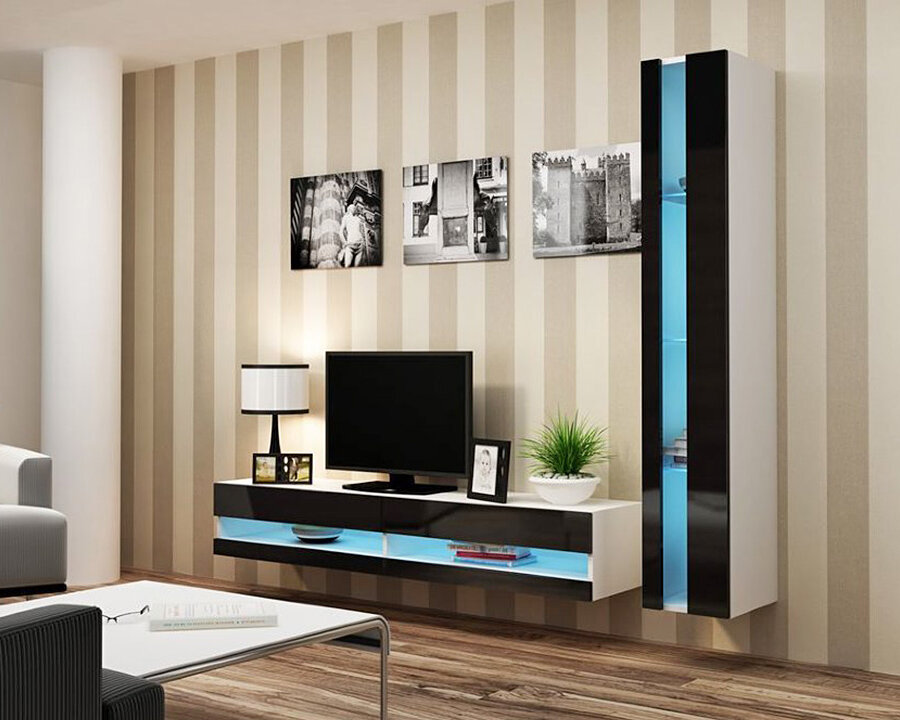 Гостиная Виго нью 9 МДФ (черная) / Белый Фасадный 0101 NEW 220x42x180 см, черный, белый фасадный Дом мебели для вас