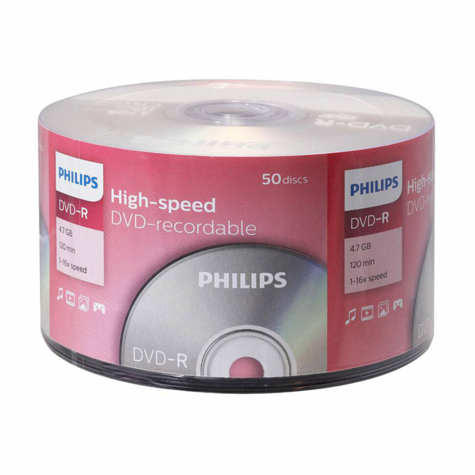 Диск DVD-R PHILIPS, 4,7 Гб, 16x, Bulk (термоусадка без шпиля), комплект 50 шт, DM4S6U50F/97, 514194