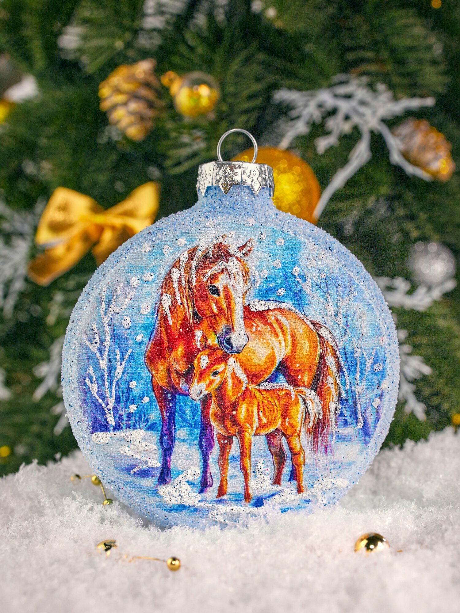 Елочная игрушка стеклянная медальон Символ года лошадь, 75 мм