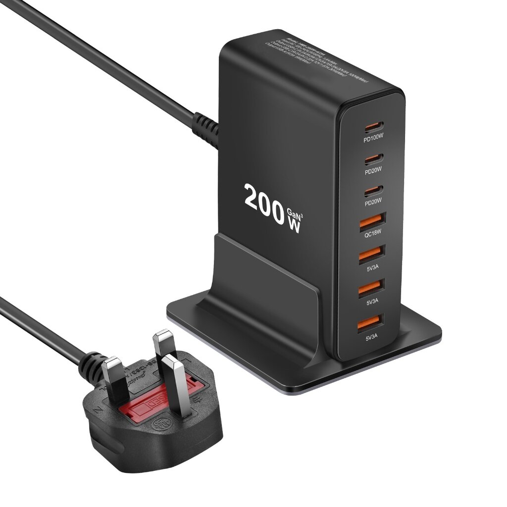 Зарядный кирпичный концентратор Зарядная станция мощностью 200 Вт, 7-портовый USB-адаптер питания для зарядки, Настольный блок быстрых зарядных устройств USB Type C PD