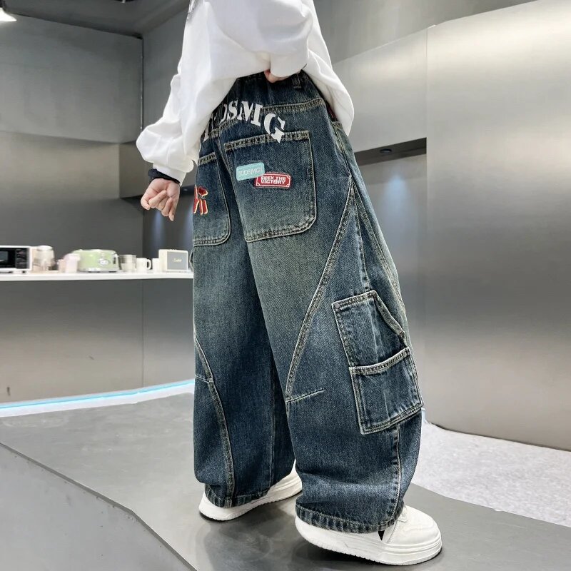 RONG CH Весенне-осенние повседневные джинсы для мальчиков винтажные хлопковые свободные брюки