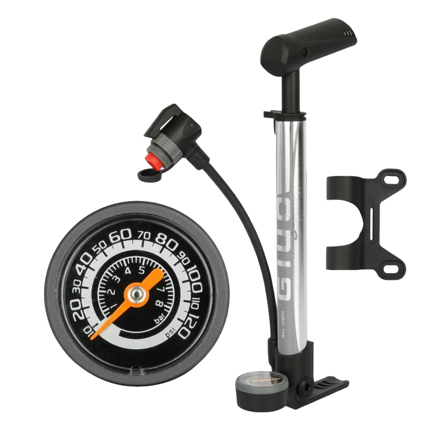 GIYO Портативный насос для велосипедов MTB Road Bike 120PSI высокого давления с манометром для вентилей Schrader и Presta для передней и задней подвески, шины, черный/серебристый, алюминиевый сплав, размер 330*110мм, вес 116г, 1шт