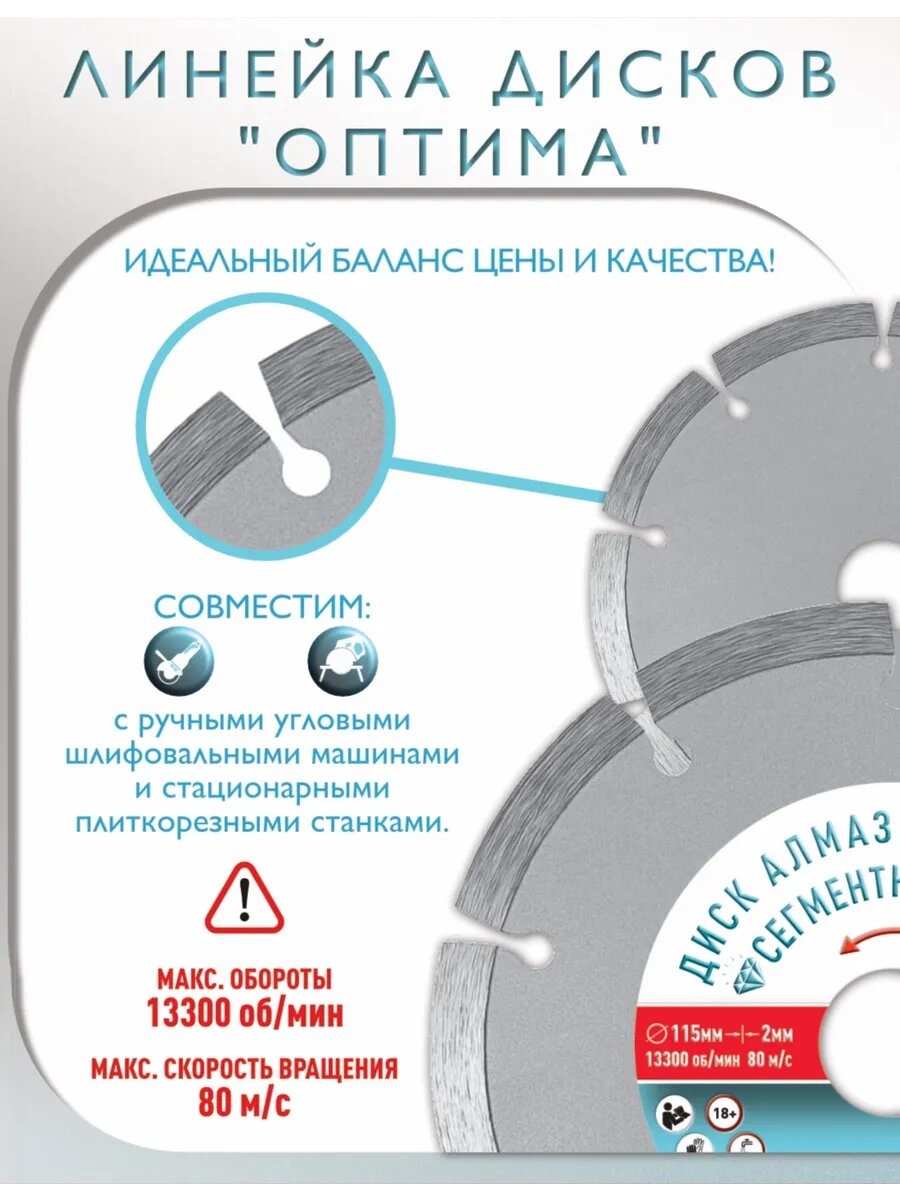 Диск алмазный I-GROUP "оптима", Сегментный, Мокрый рез 115х2,0х22,23 мм — фото 1
