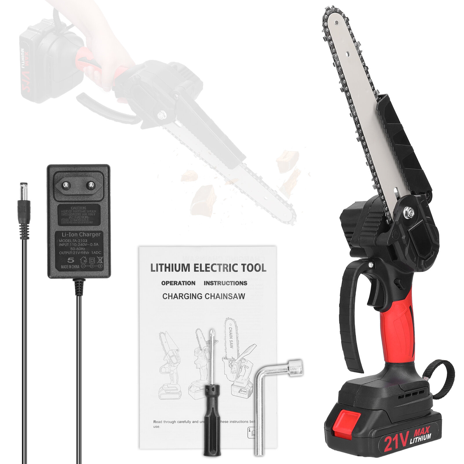 Электрическая пилорама для обрезки 21V 8 дюймов портативная мелкая цепная пила для разделки древесины с бесшумным двигателем одноручной инструмент для деревообработки для использования в саду и орchard при резке