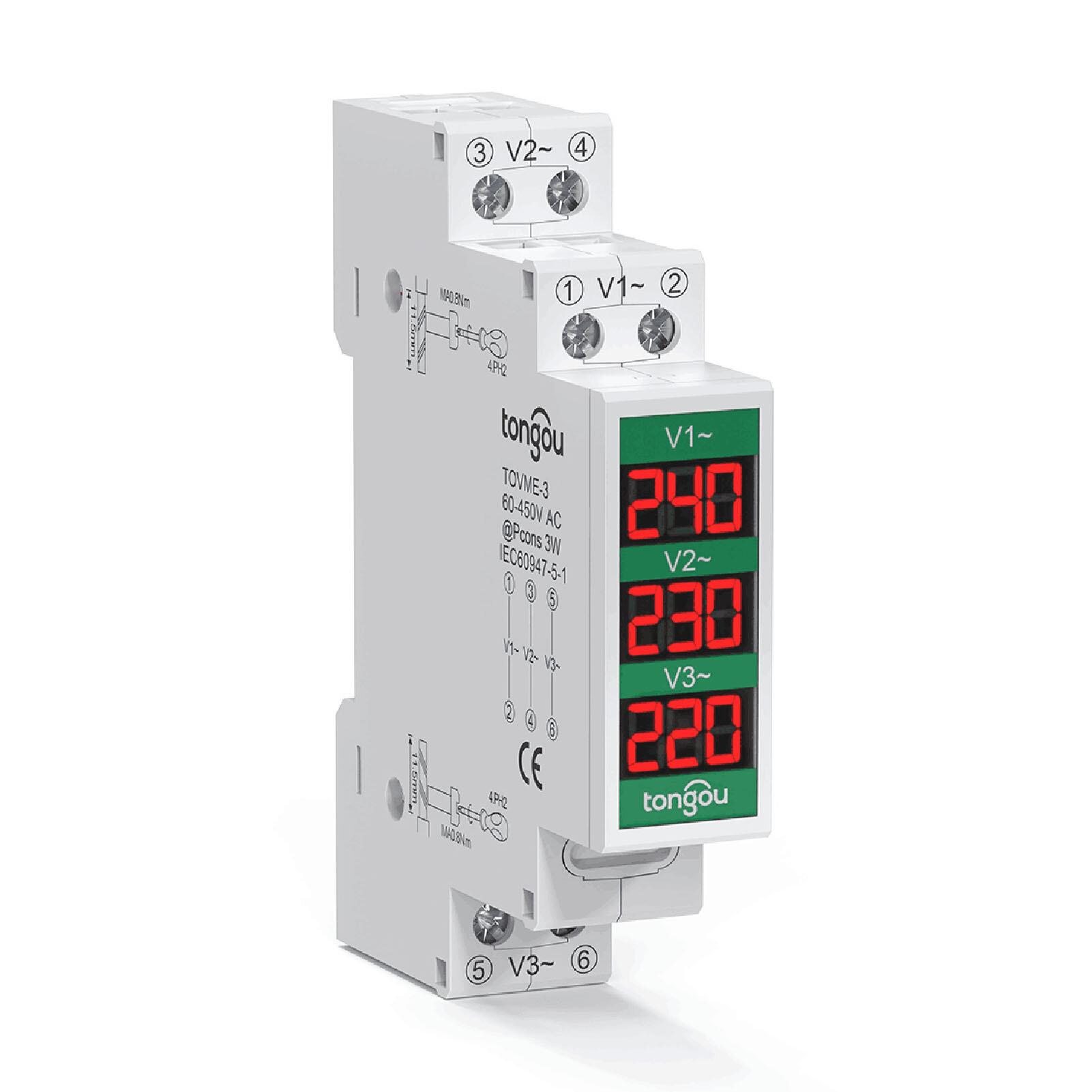 60-450V Three Phase Voltage Meter Modular Voltmeter Gauge 3 LED Digital Display Home Household