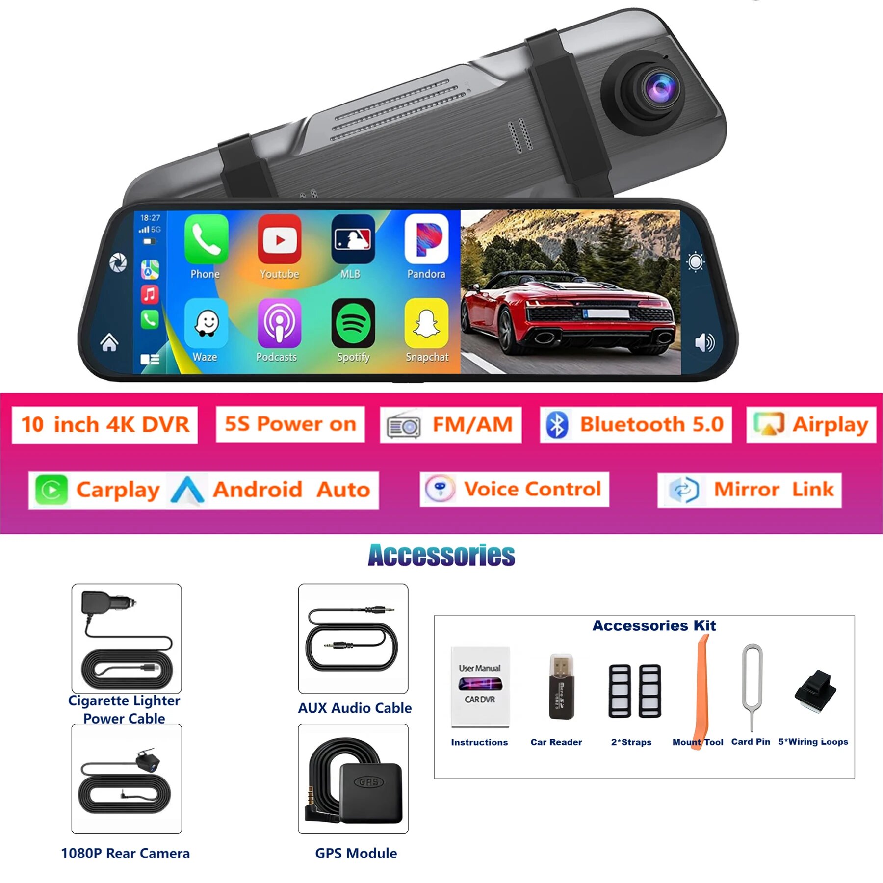 Зеркало-видеорегистратор Aprilboy C17, 10 дюймов, 4K, с беспроводной камерой видеорегистратор зеркало зеркало андроид зеркало с регистратором на андроиде 10 дзеркало автомобільне android With Rear Camera GPS