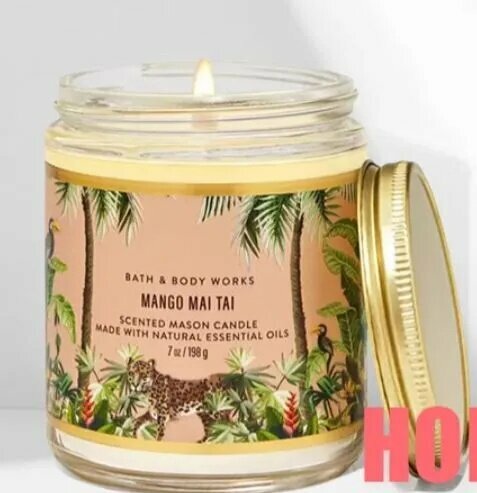 Bath and Body Works Свеча ароматическая "Свежий манго, экзотический жасмин, солнечный грейпфрут - этот сладкий фруктовый аромат", 9 см х 7 см, 1 шт