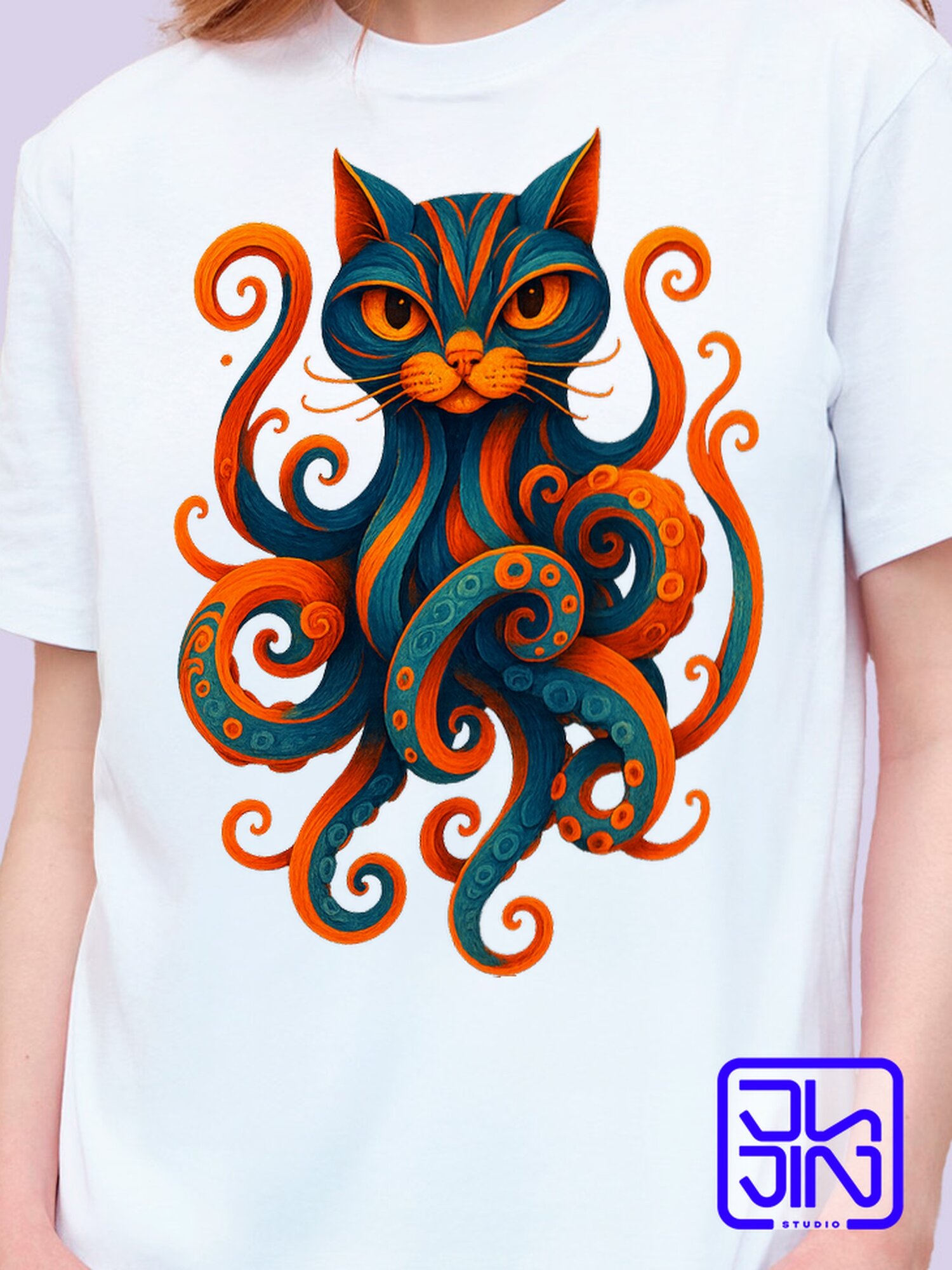 Футболка классическая женская с авторским принтом Выразительная белая кошка с бирюзовыми, абстрактными щупальцами осьминога, белый хлопковый трикотаж с прикольным рисунком на груди