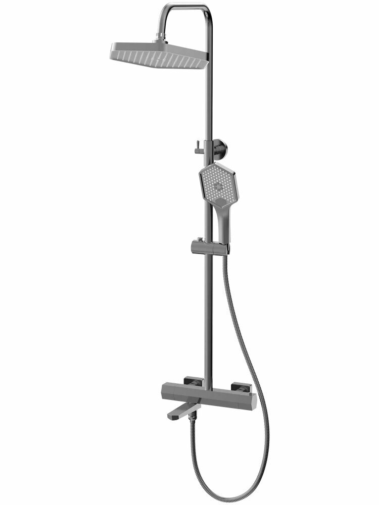 Душевая стойка Haiba HB24726-3 со смесителем, термостатическим, вороненая сталь, оружейная сталь, матовая, душевая система с тропическим душем, с изливом, с лейкой, латунная