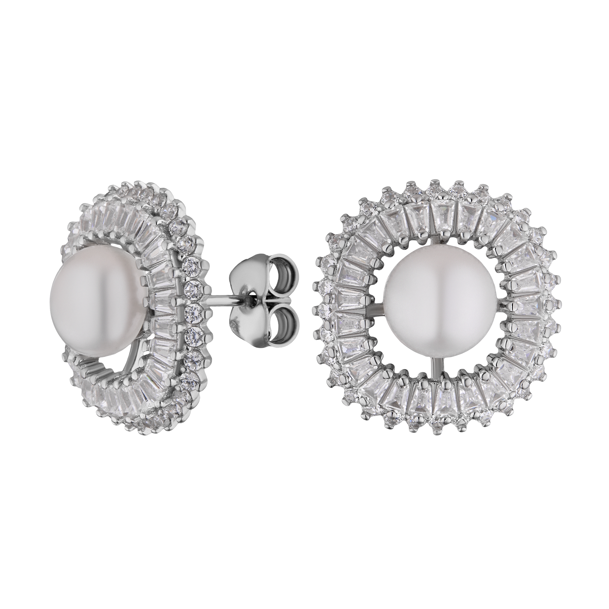 Серьги пусеты, серебро, 925 проба, родирование, фианит, жемчуг