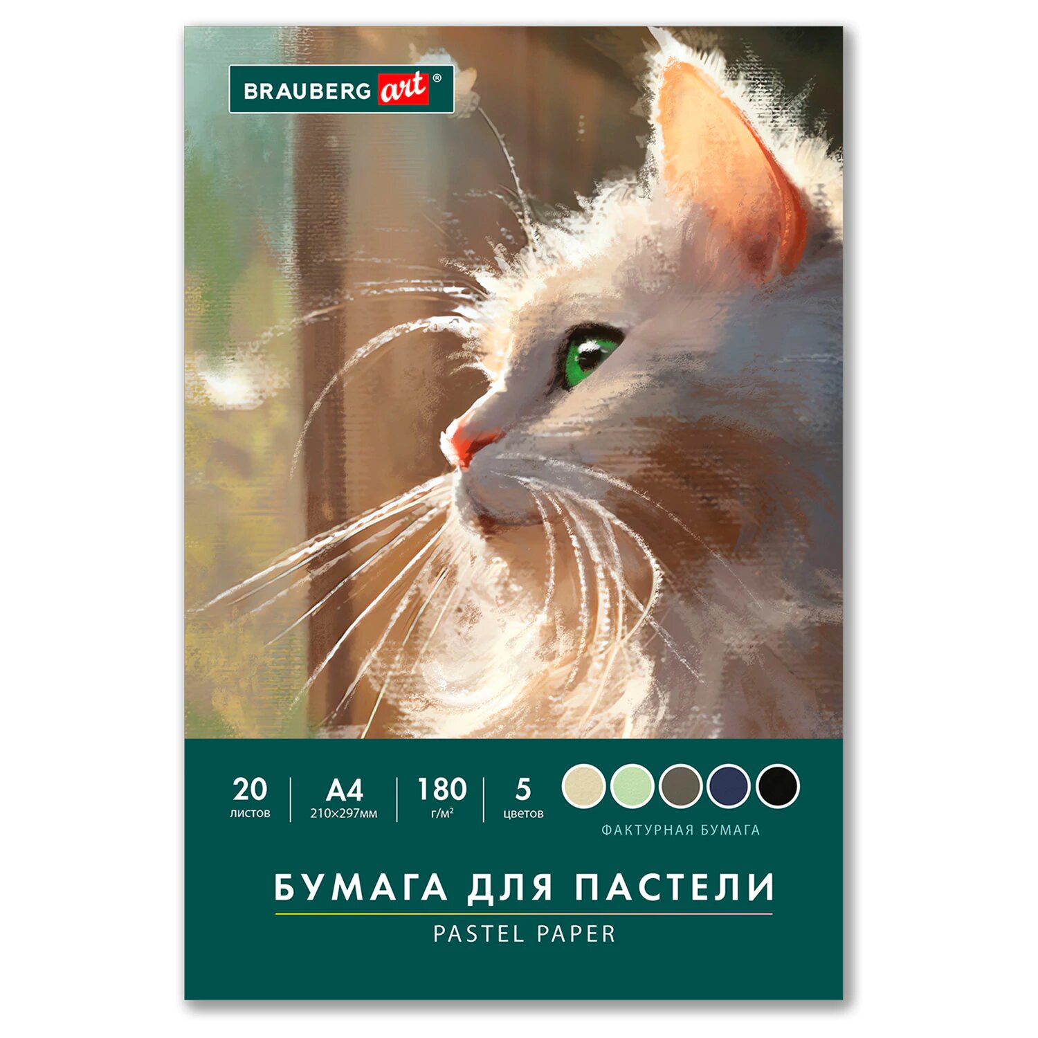 Бумага для пастели А4 в папке, 20 листов, 5 цветов, 180 г/м2, BRAUBERG ART CLASSIC, 116345 (цена только за 1 шт.)