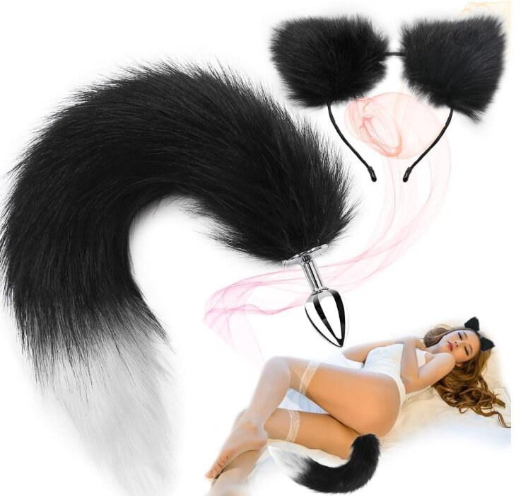 Анальный хвост лисы задний двор Черный белый заостренный хвост XXS + черная заколка для волос