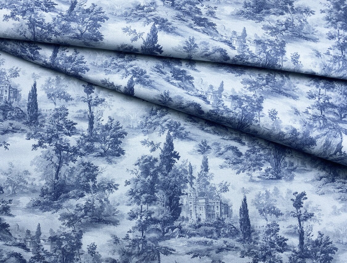 Ткань Джинса белого цвета с голубым принтом в стиле Жуи 12703