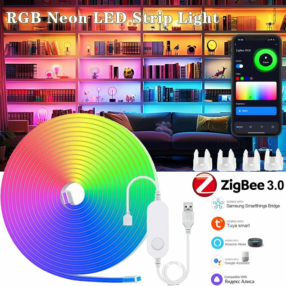 Светодиодная Лента Zigbee3.0 5V USB RGBIC 1м/2м/3м/5м IP65, Умная Неоновая Лампа Для Кухонных Шкафов, ТВ-комнат, Ночник