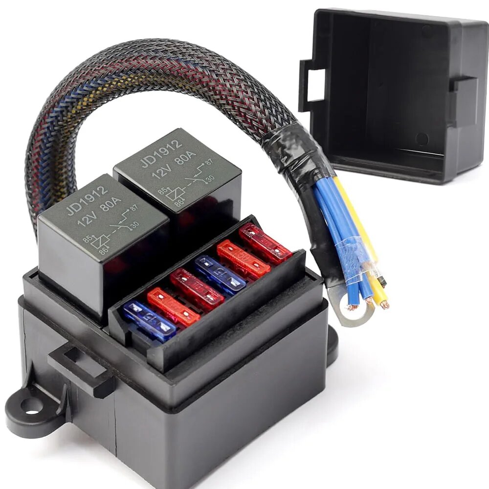 Предварительно проводное реле предохранителей ATC/ATO, блок предохранителей, реле 2 x 4Pin 80A и 6 x ATC плавкие предохранители ATO, Универсальный водонепроницаемый релейный блок предохранителей