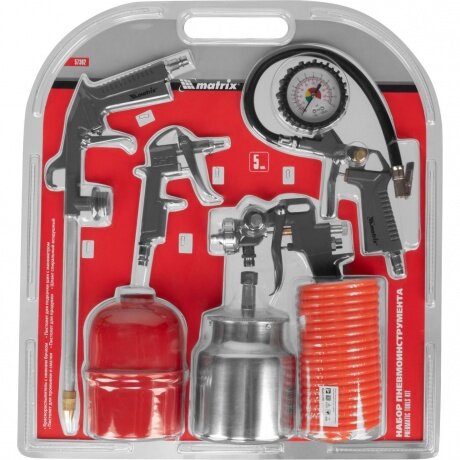 Набор пневмоинструмента, 5 предметов, быстросъемное соед, краскорасп. с нижним бачком Matrix