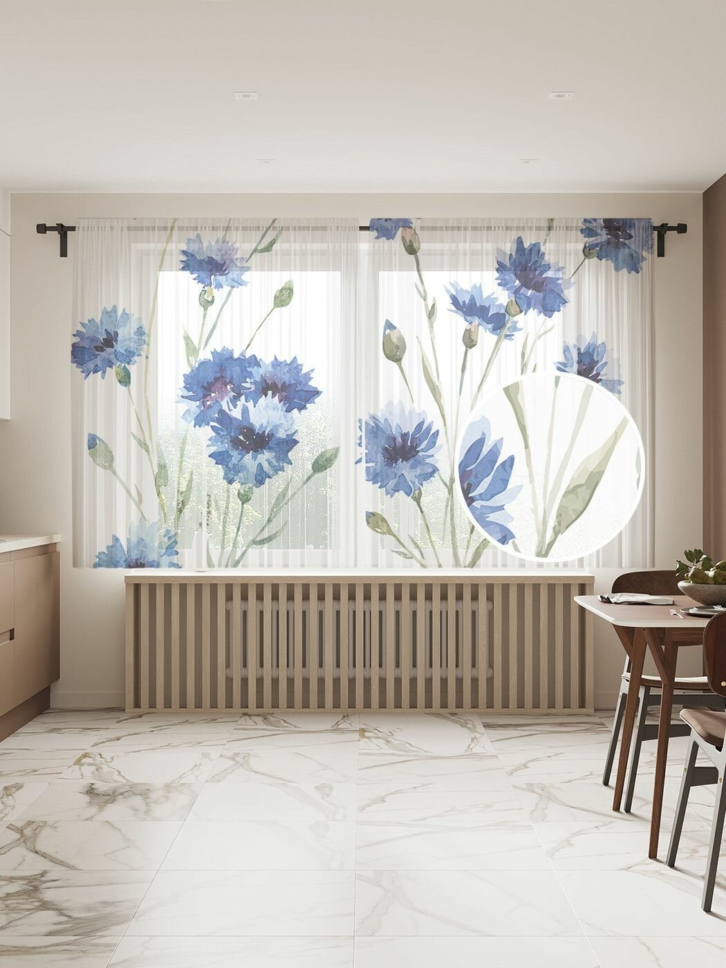 Тюль, фототюль короткий JoyArty "Фон с васильками" высота 180 см, ширина 145 см (2 полотна) на шторной ленте, крючки в комплекте