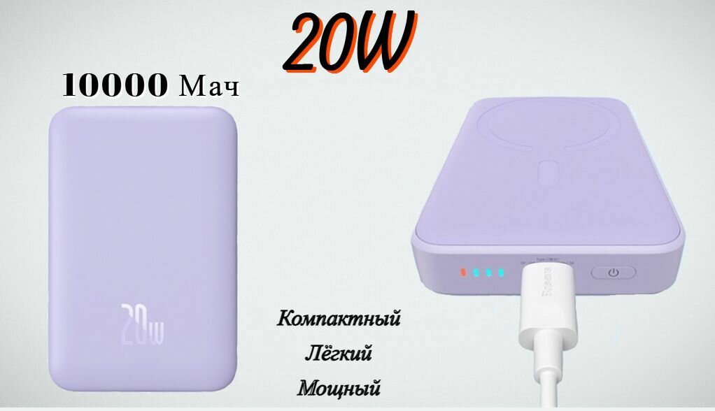 Внешний аккумулятор Baseus Power Bank Magnetic Mini Wireless Fast Charge 10000mAh 20W, PPCX070005, фиолетовый