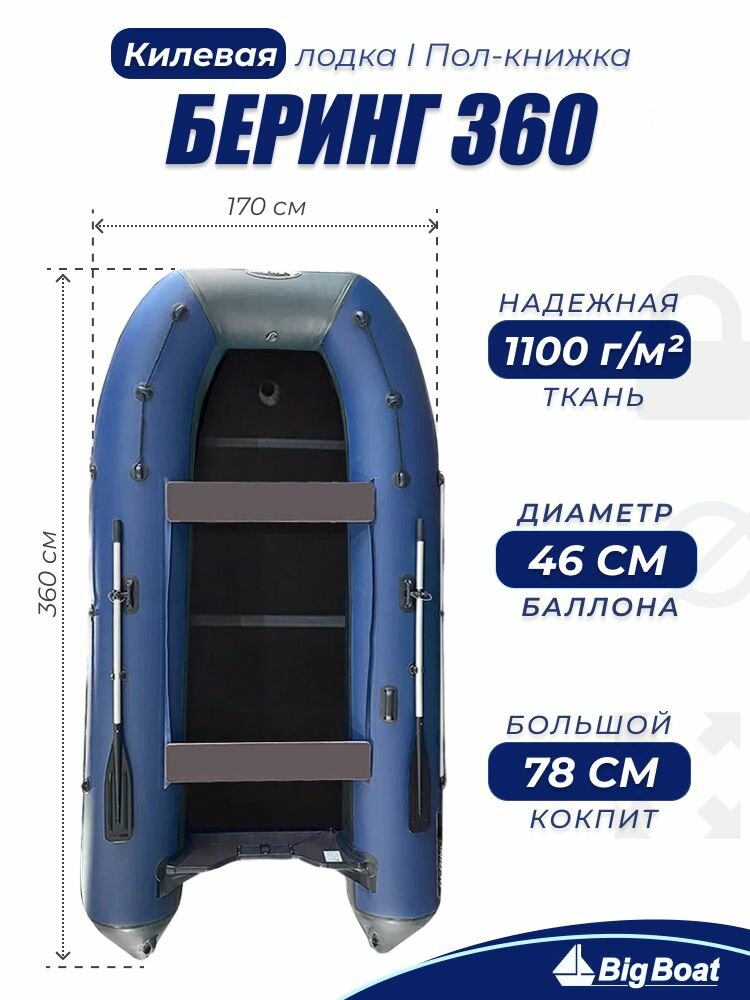 Надувная, под мотор, килевая лодка из ПВХ для рыбалки Bering (Беринг) 360К пол-книжка