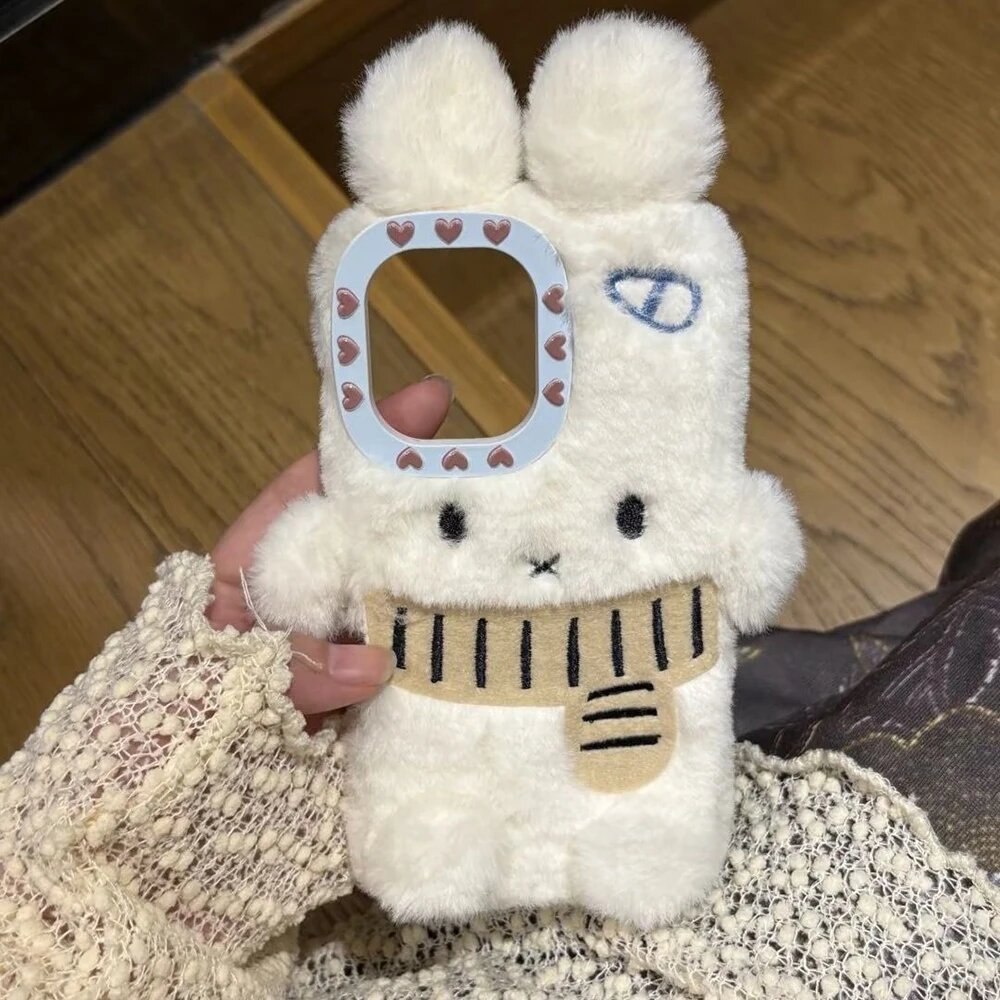 Чехол для iPhone Miffy, белый, пушистый, с ушками
