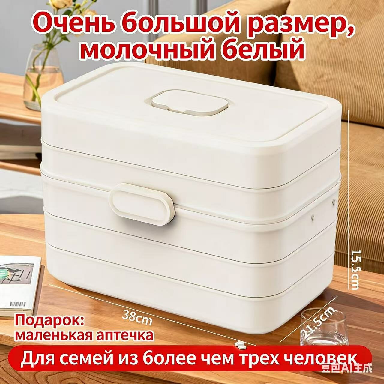 Хозяйственная аптечка, длина ящика для хранения 38 см, ширина 21 см, высота 27 см.
