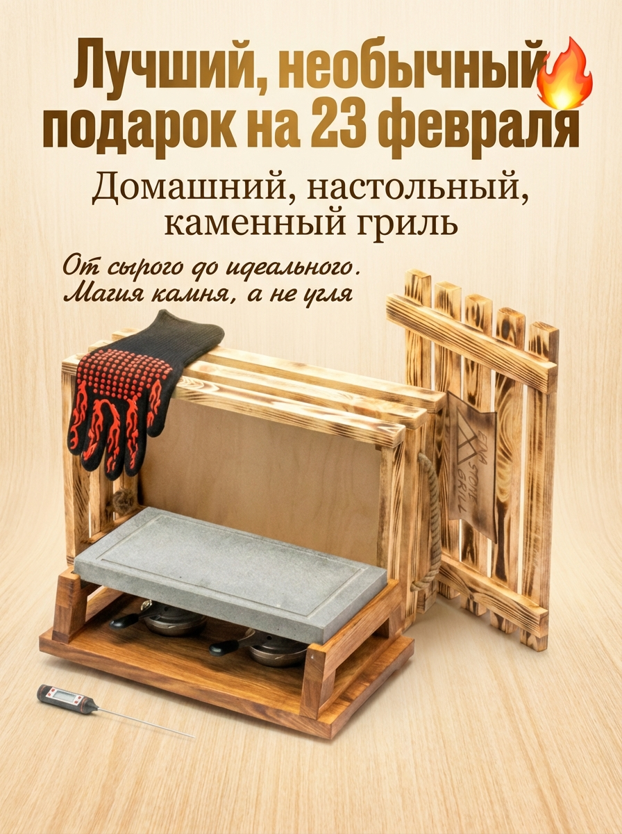 Домашний. Подарочный набор, каменный гриль "BOSCO" Для приготовления блюд на столе в подарочном боксе. Вулканический камень 370х190 мм