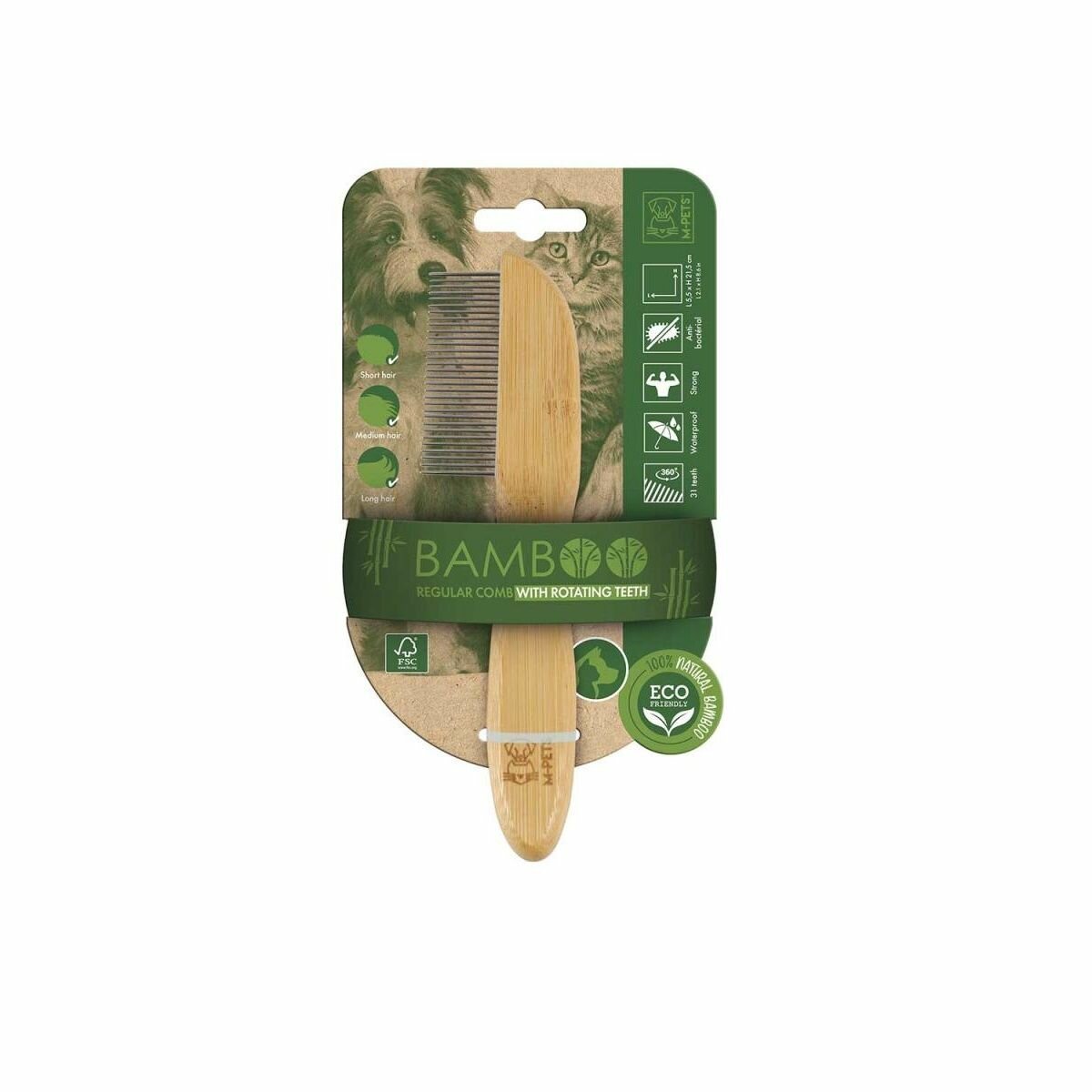 M-PETS Бамбуковая расчёска с вращающимся зубьями 31 зуб, 5,5 x 21,5