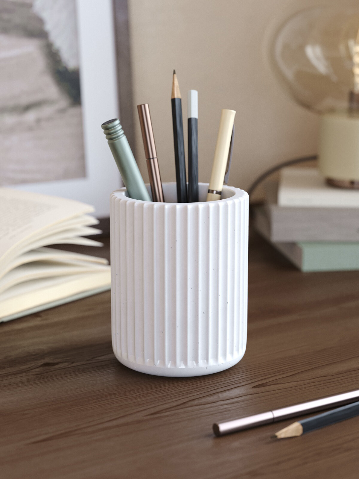 Стакан канцелярский Chloe, подставка для ручек и карандашей, 11х9х9 см, бетон, белый глянцевый