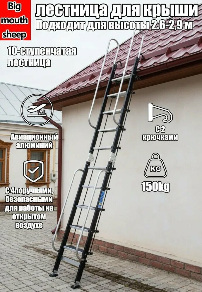 10-ти ступенчатая складная чердачная лестница с крюками и удлиненными поручнями, для крыши, наружного ремонта (260-290 см)