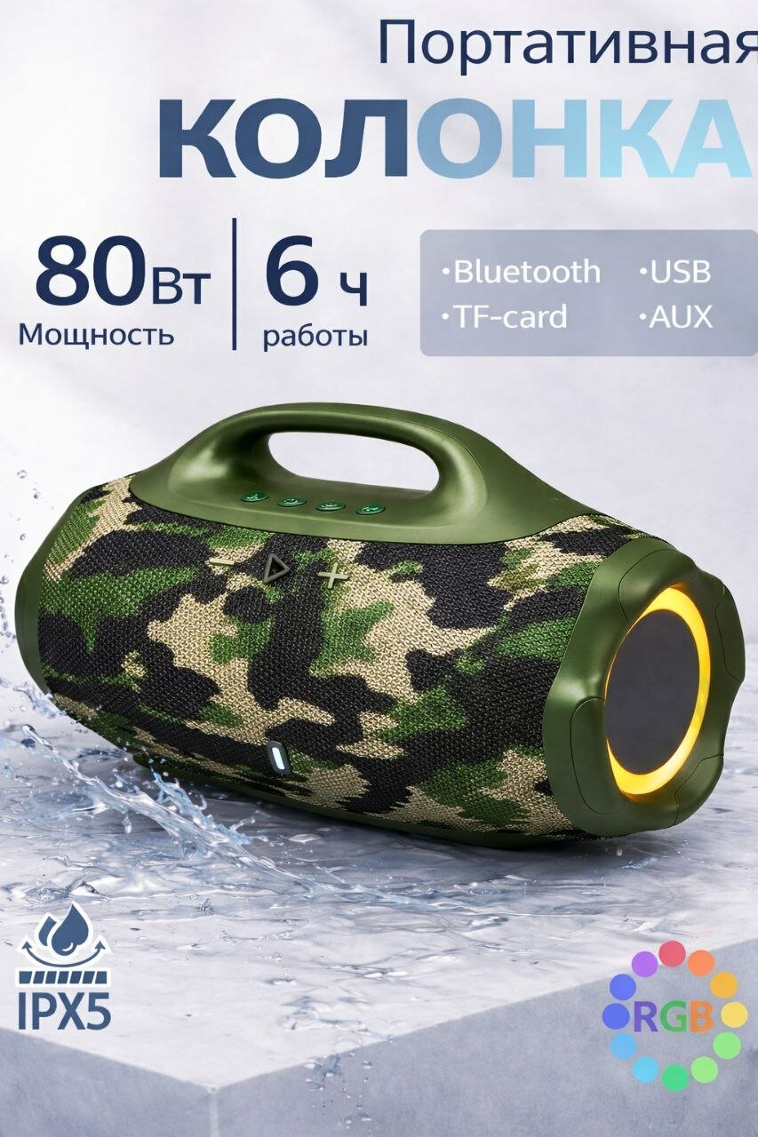 Портативная Bluetooth колонка BOOMSBOX4 80Вт, RGB подсветка, аккумулятор 6000 мАч, TWS, AUX, microSD, влагозащита IPX5