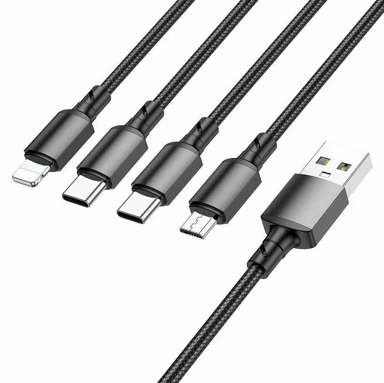 Кабель Питания 4в1 USB-MicroUSB/Lightning х2/Type-C 1 м, черный, Универсальный Borofone BX72