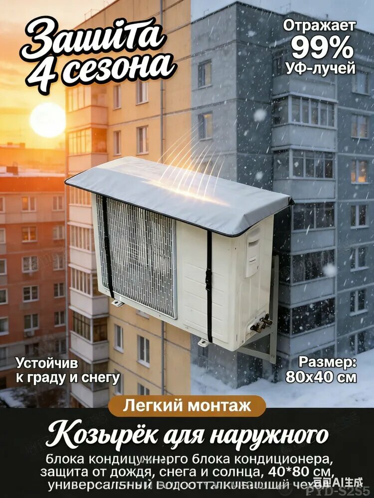Новое в 2025 годуКозырёк для наружного блока кондиционера, защита от дождя, снега и солнца, 40*80 см, универсальный водоотталкивающий чехол